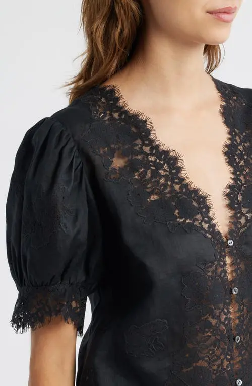 DÔEN Idella Lace-trim Ramie Top - Black
