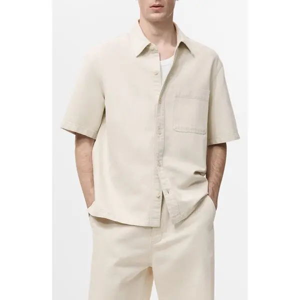 Mango Boxy Short Sleeve Cotton & Linen Button-up Shirt - Ecru