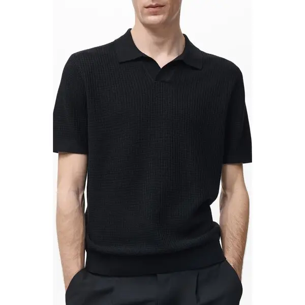 Mango Rib Johnny Collar Polo - Black