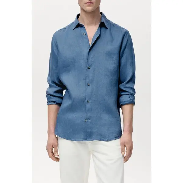 Mango Classic Fit Linen Button-up Shirt - China Blue
