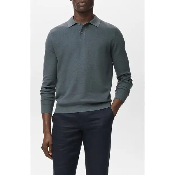 Mango Long Sleeve Piqué Polo - Petrol Blue