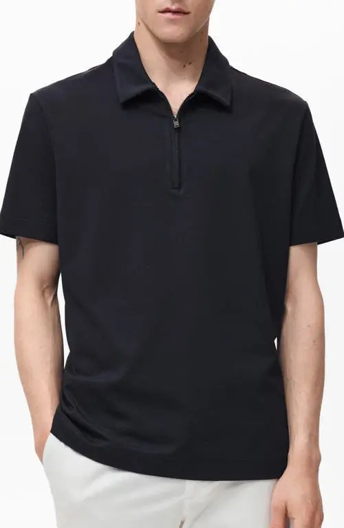 Mango Zip Cotton Blend Polo - Navy