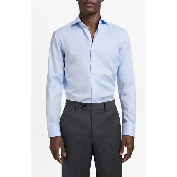 Mango Slim Fit Structured Cotton Button-up Shirt - Sky Blue