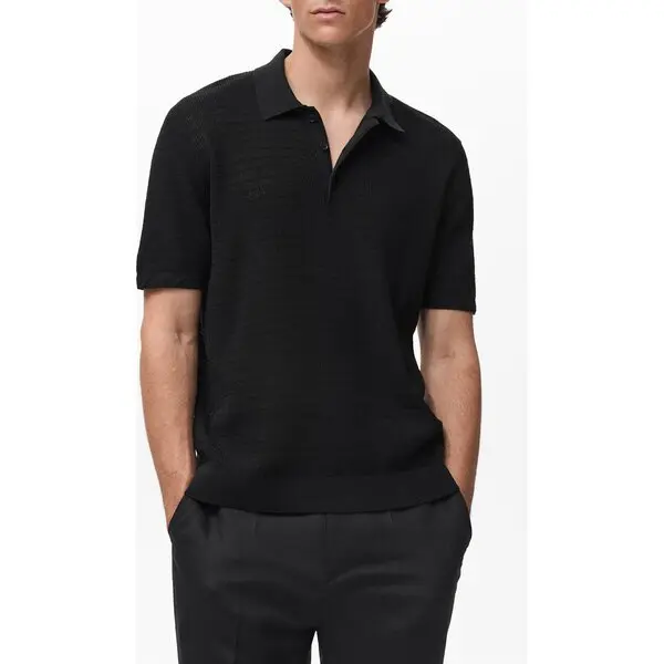 Mango Textured Cotton Blend Polo - Black