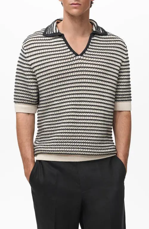 Mango Stripe Open Stitch Cotton Polo - Black