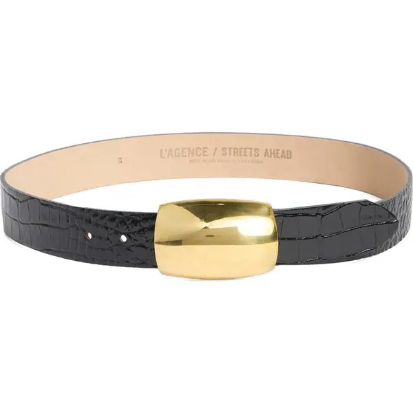 L'Agence Milou Domed Buckle Croc Embossed Patent Leather Belt - Black Croc Embossed