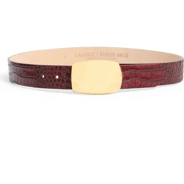L'Agence Milou Domed Buckle Croc Embossed Patent Leather Belt - Burgundy Croc Embossed