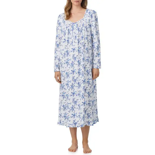 Eileen West Long Sleeve Cotton Nightgown - White/navy