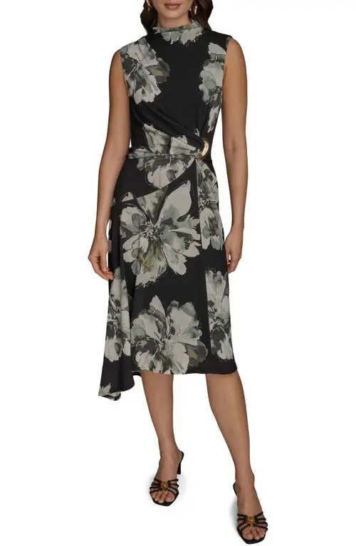 Donna Karan New York Floral Side Ruched Asymmetric Hem Dress - Black Multi