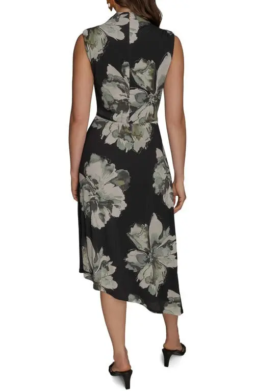 Donna Karan New York Floral Side Ruched Asymmetric Hem Dress
