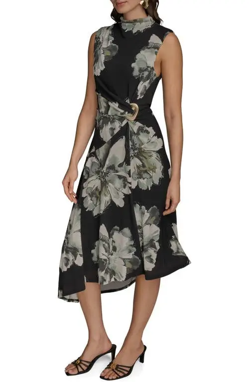 Donna Karan New York Floral Side Ruched Asymmetric Hem Dress