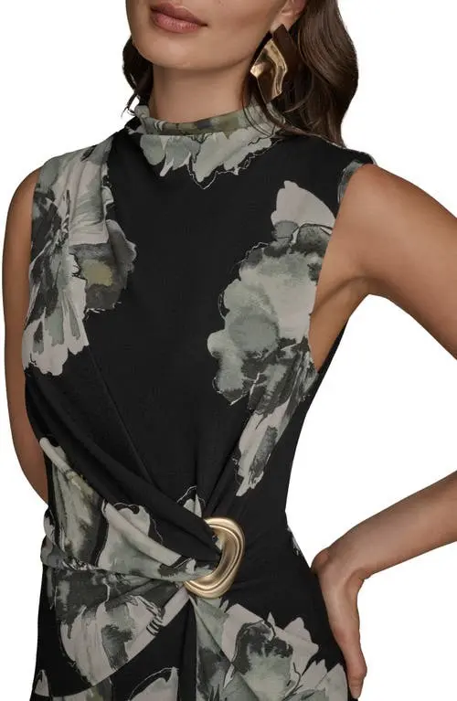 Donna Karan New York Floral Side Ruched Asymmetric Hem Dress