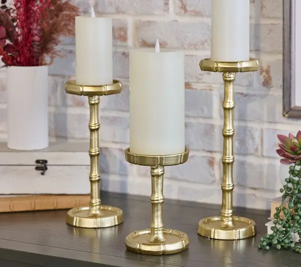 KIM GRAVEL HOME Set Of Gold Bamboo Style Pillar Holders Kim Gravel - One-color