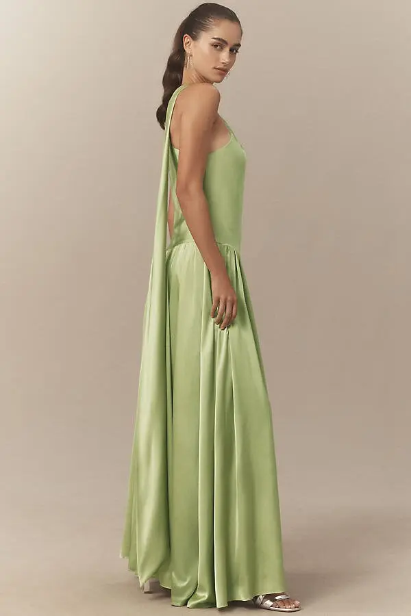 Bhldn One-Shoulder Scarf-Neck Asymmetric Maxi Dress - Green | Editorialist