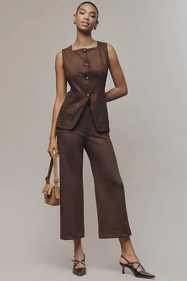 Maeve Colette Faux-suede High-rise Wide-leg Cropped Pants - Bark