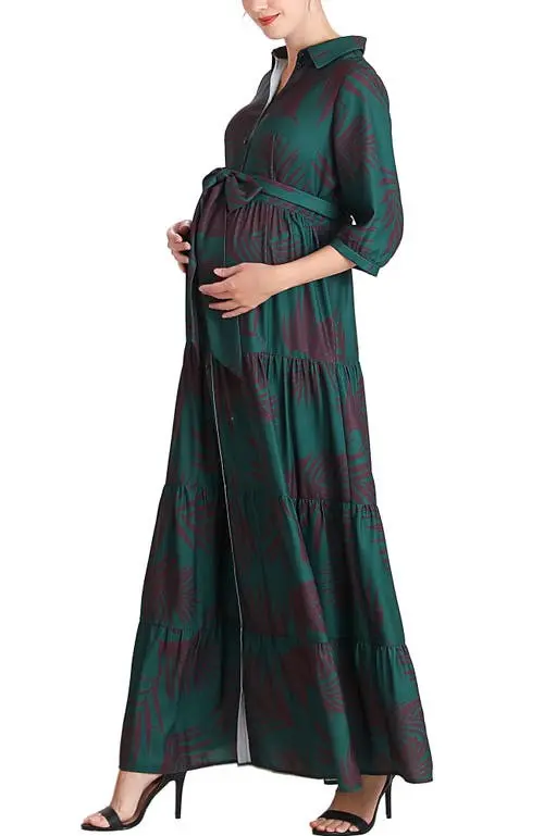 KIMI + KAI Button-front Maternity Nursing Maxi Shirtdress With Belt
