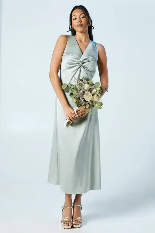 OASIS Satin Bridesmaids Midi Dress With Twist V-neck And Tie Back