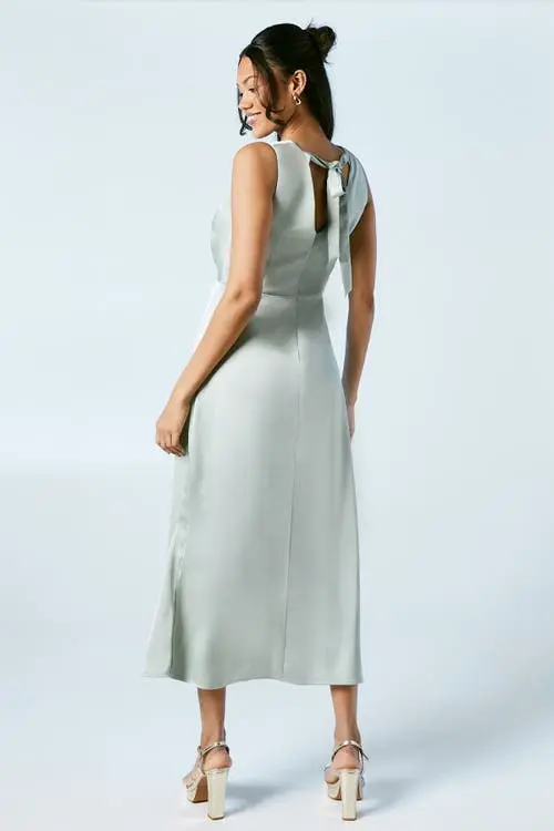 OASIS Satin Bridesmaids Midi Dress With Twist V-neck And Tie Back