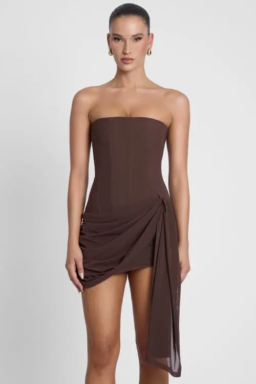 LEAU Mira Mesh Corset Mini Dress - Brown