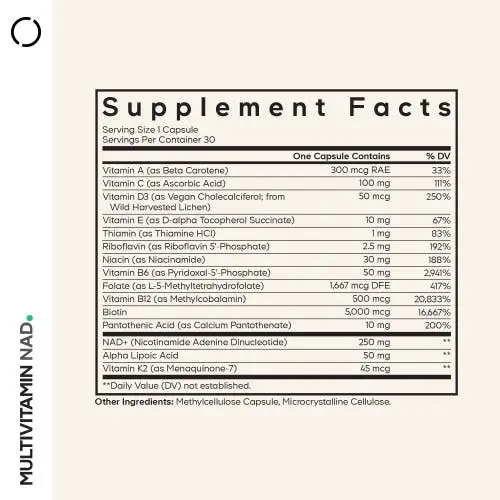 CODEAGE Multivitamin Nad+, D3, K2, Methylated B12, P5p, Ala