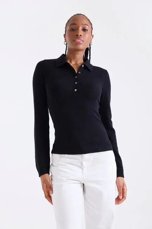 1982 Amaya Button 100% Cashmere Polo Top - Black