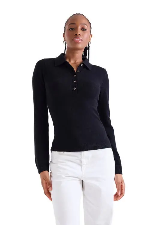 1982 Amaya Button 100% Cashmere Polo Top - Black