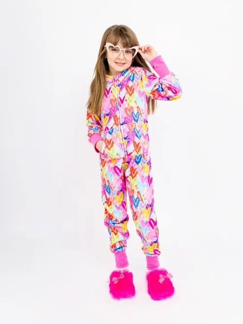PREPPY GOOSE Plush Graffiti Hearts Loungewear Jumpsuit - Multicolor