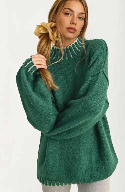 KNIT & LOUNGE Oversized Contrast Trim Knit Sweater - Emerald Green