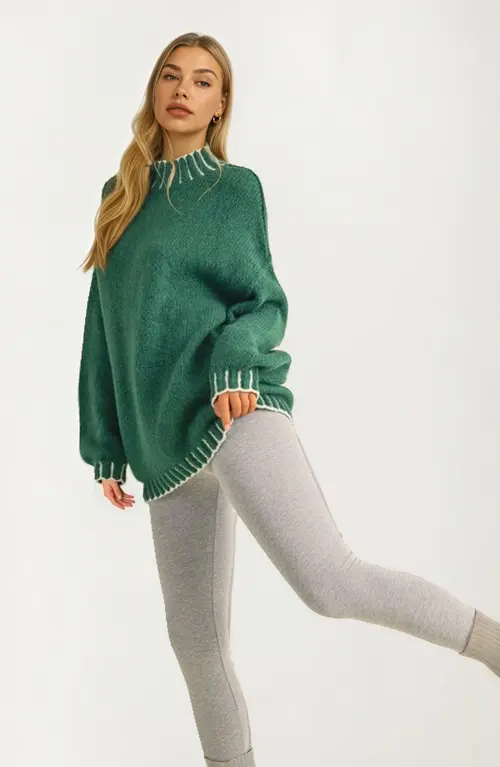 KNIT & LOUNGE Oversized Contrast Trim Knit Sweater - Emerald Green