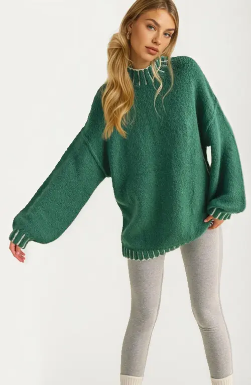KNIT & LOUNGE Oversized Contrast Trim Knit Sweater - Emerald Green