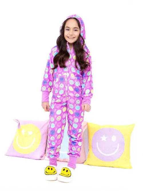 PREPPY GOOSE Plush Smiley Faces Loungewear Jumpsuit - Multicolor