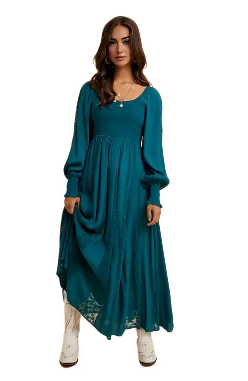 knit and lounge dress & Long Sleeve Maxi With Smocked Bodice Lace Insets In Teal - 39% Off 1920s Art Deco gown