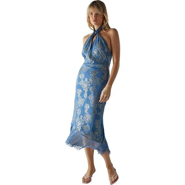 WAREHOUSE Metallic Chiffon Wrap Front Midi Dress - Blue