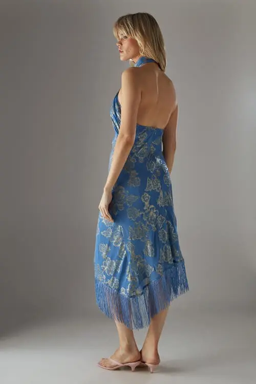 WAREHOUSE Metallic Chiffon Halterneck Midi Dress With Fringe Hem
