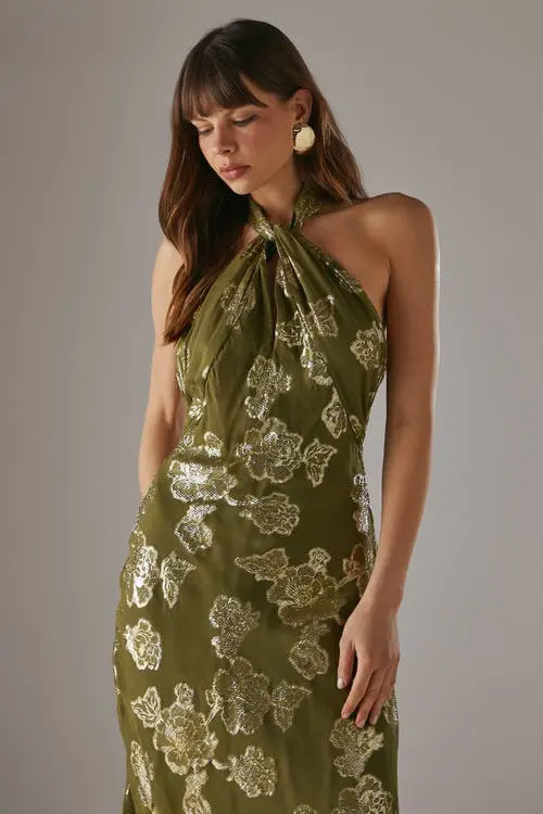 WAREHOUSE Metallic Chiffon Halterneck Midi Dress With Fringe Hem