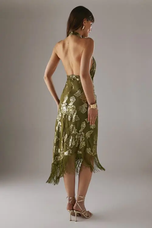 WAREHOUSE Metallic Chiffon Halterneck Midi Dress With Fringe Hem