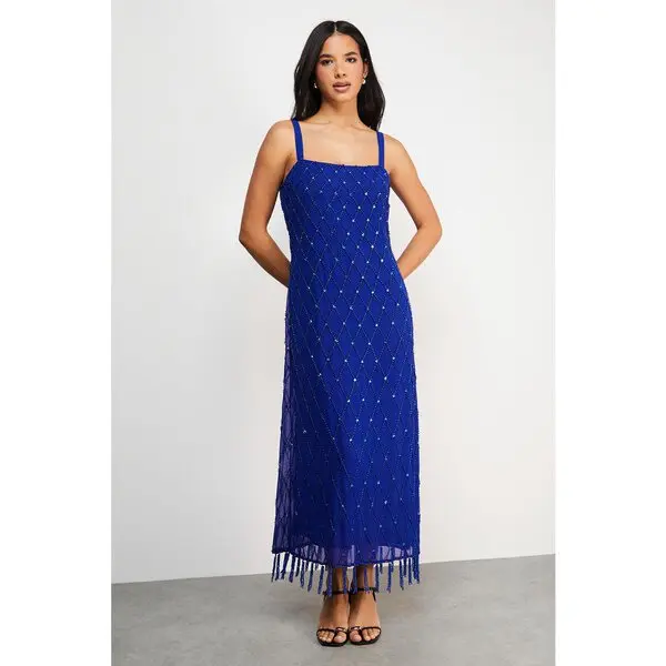 WAREHOUSE Hand Embellished Fringe Hem Midi Dress - Cobalt