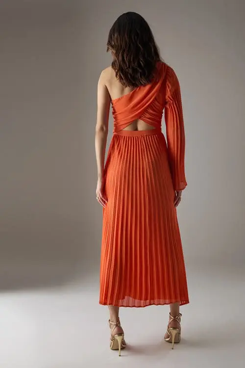 WAREHOUSE Chiffon One Shoulder Cut Out Midi Dress