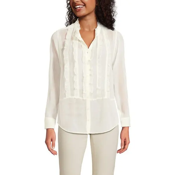 LANDS' END Chiffon Ruffle-front Long Sleeve Top - Ivory
