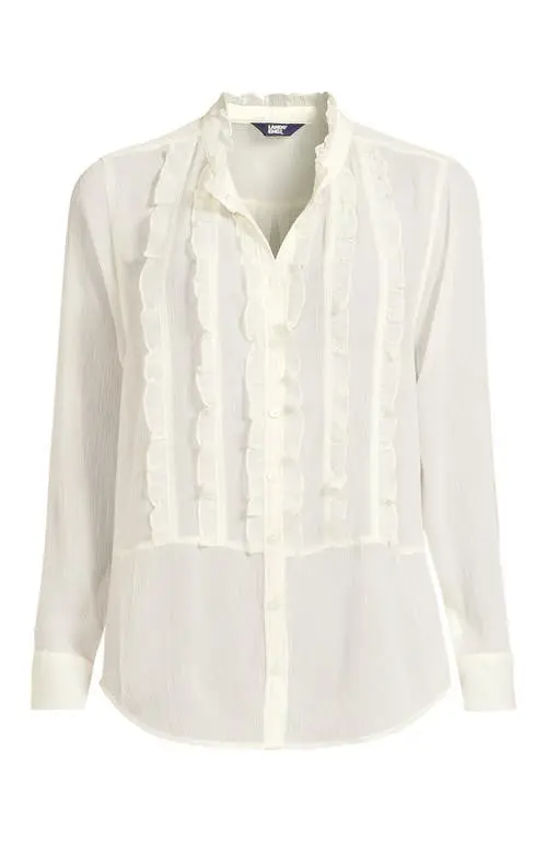 LANDS' END Chiffon Ruffle-front Long Sleeve Top - Ivory