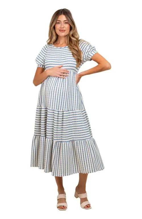 PINKBLUSH Striped Short Sleeve Tiered Maxi Dress - Blue