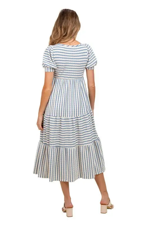 PINKBLUSH Striped Short Sleeve Tiered Maxi Dress - Blue