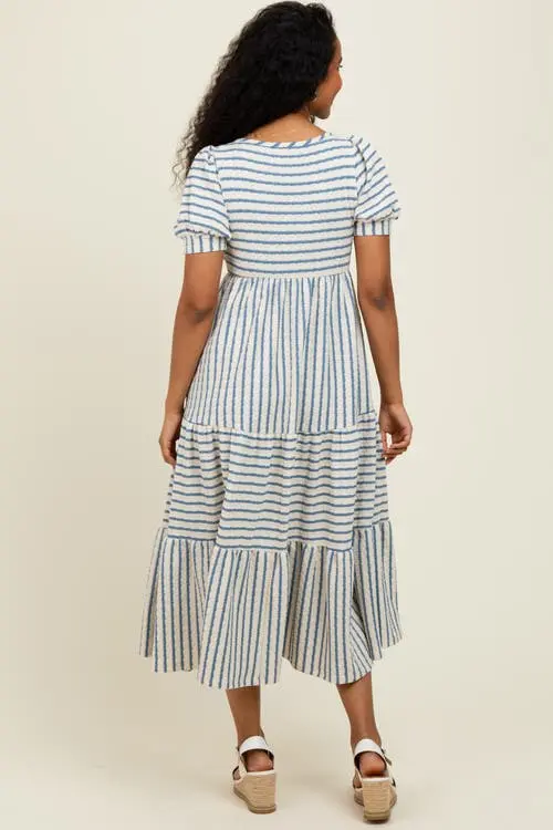 PINKBLUSH Striped Short Sleeve Tiered Maxi Dress - Blue