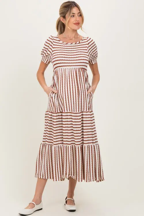 PINKBLUSH Striped Puff Sleeve Tiered Maxi Dress - Camel