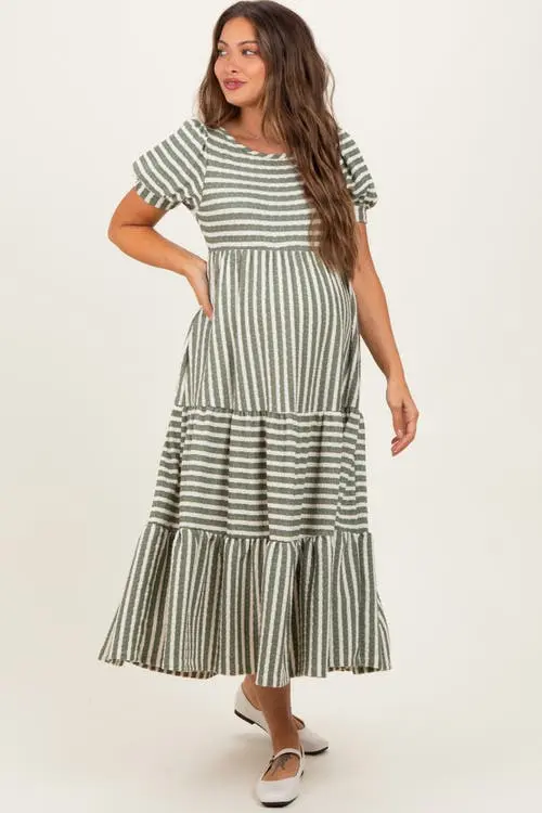 PINKBLUSH Striped Short Sleeve Tiered Maxi Dress - Light Olive