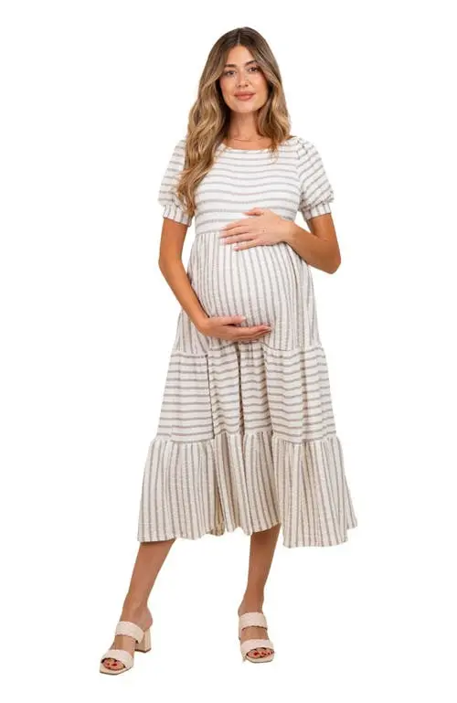 PINKBLUSH Striped Short Sleeve Tiered Maxi Dress - Taupe
