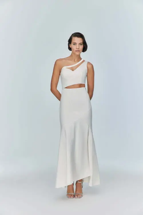 JENDUE Ron Asymmetric Denim Maxi Dress - White