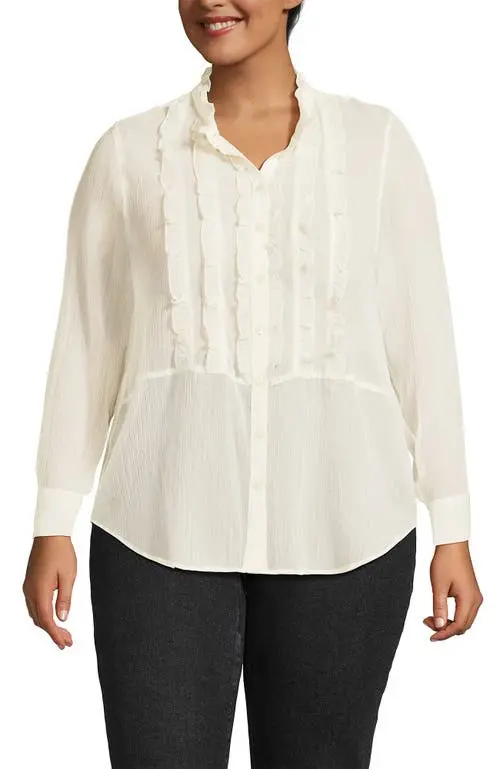 LANDS' END Chiffon Ruffle Front Long Sleeve Top - Ivory