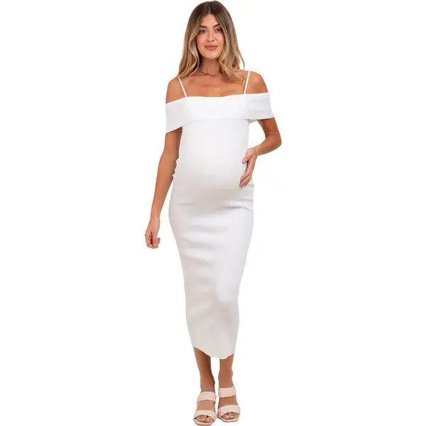 PINKBLUSH Rib Knit Off-shoulder Fitted Midi Dress - Ivory