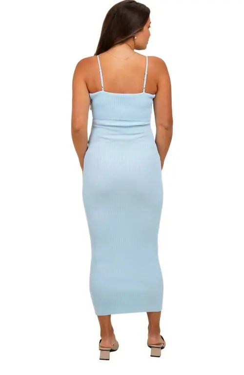PINKBLUSH Rib Knit Off Shoulder Fitted Midi Dress - Light Blue